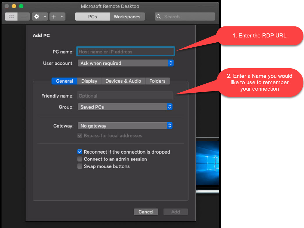 Connect to PC via RDP on a Mac - Create New Connection – AP3D Consulting